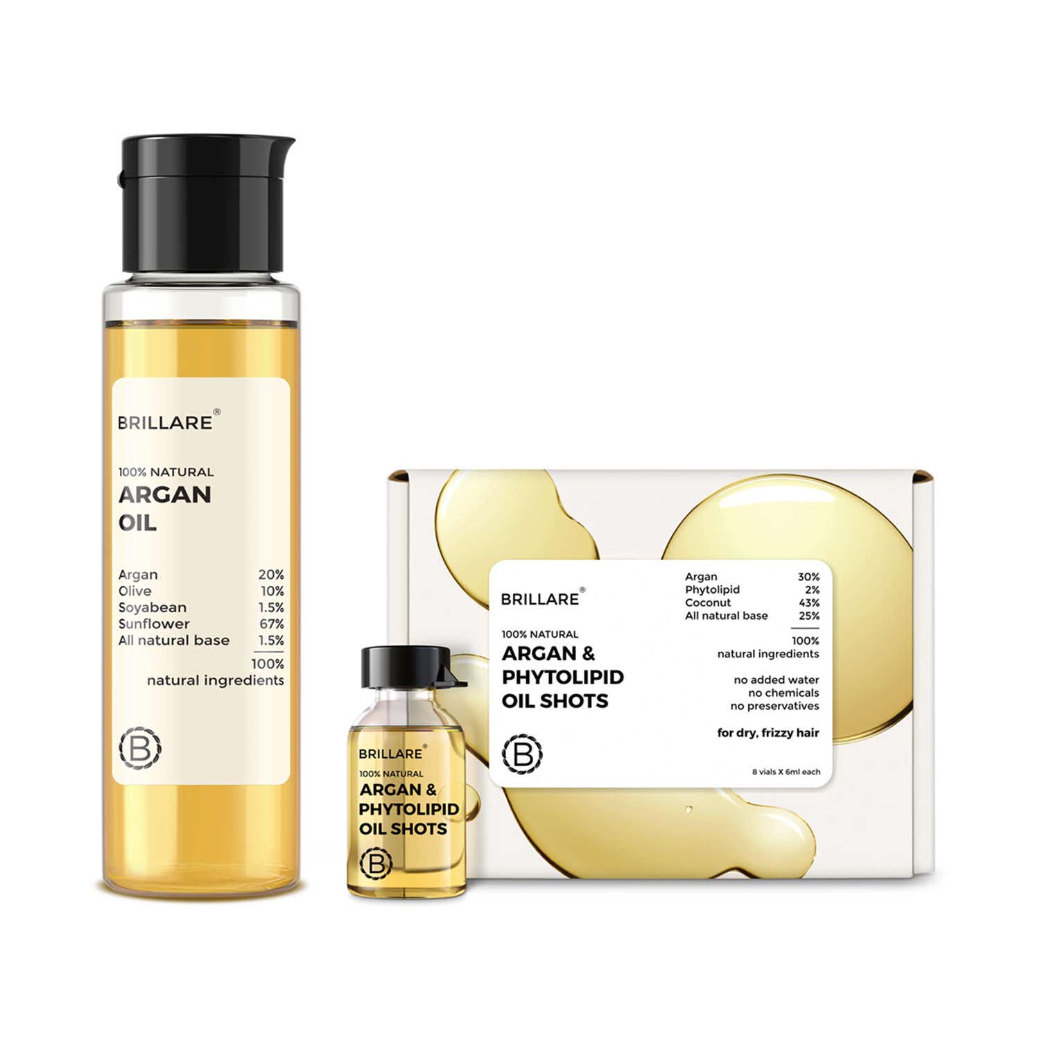 Brillare Argan & Phytolipid Oil Shots (48ml) and Argan Oil (100ml) For Dry, Frizzy Hair Combo