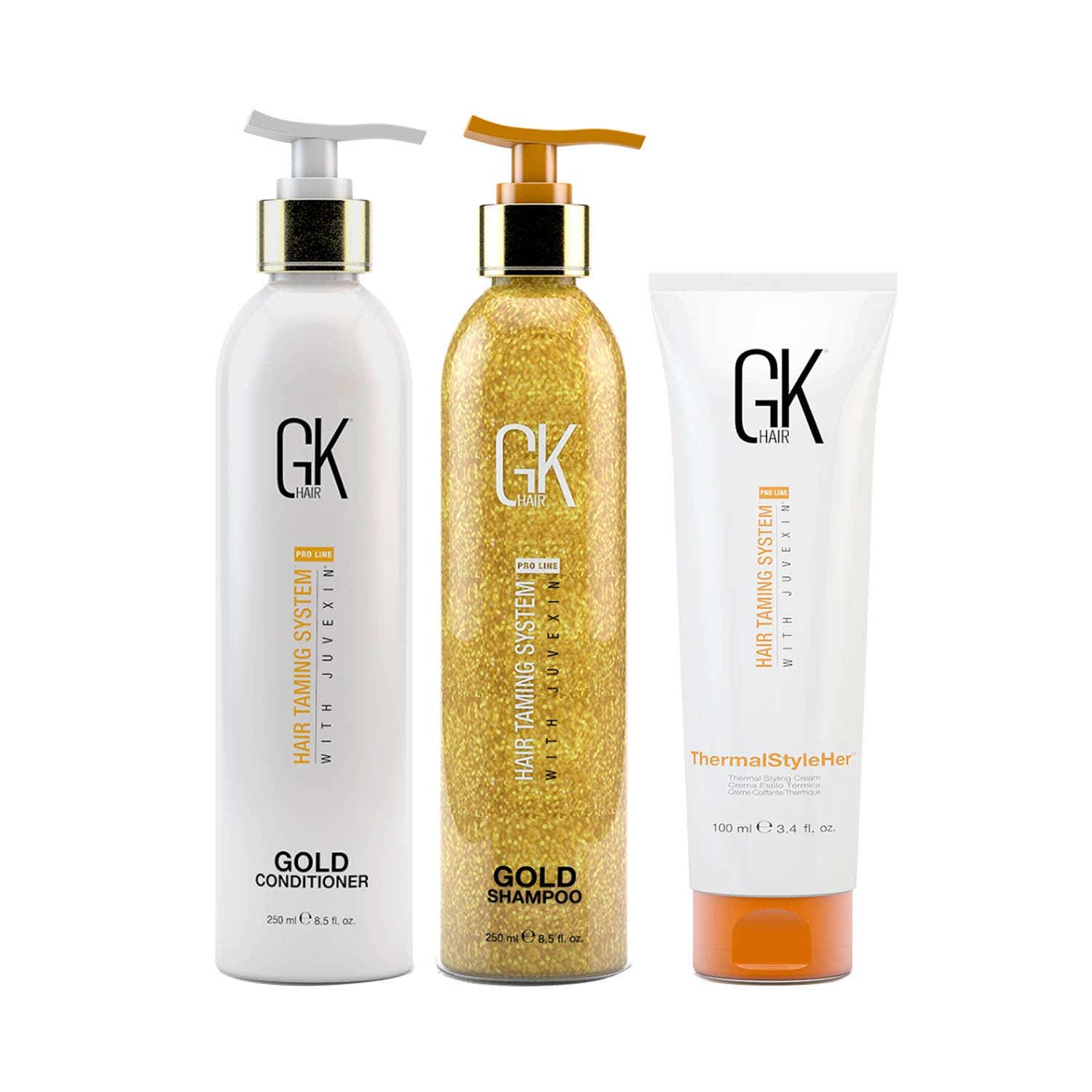 GK Hair Gold Shampoo and Conditioner 250ml with Thermal styler Cream 100ml