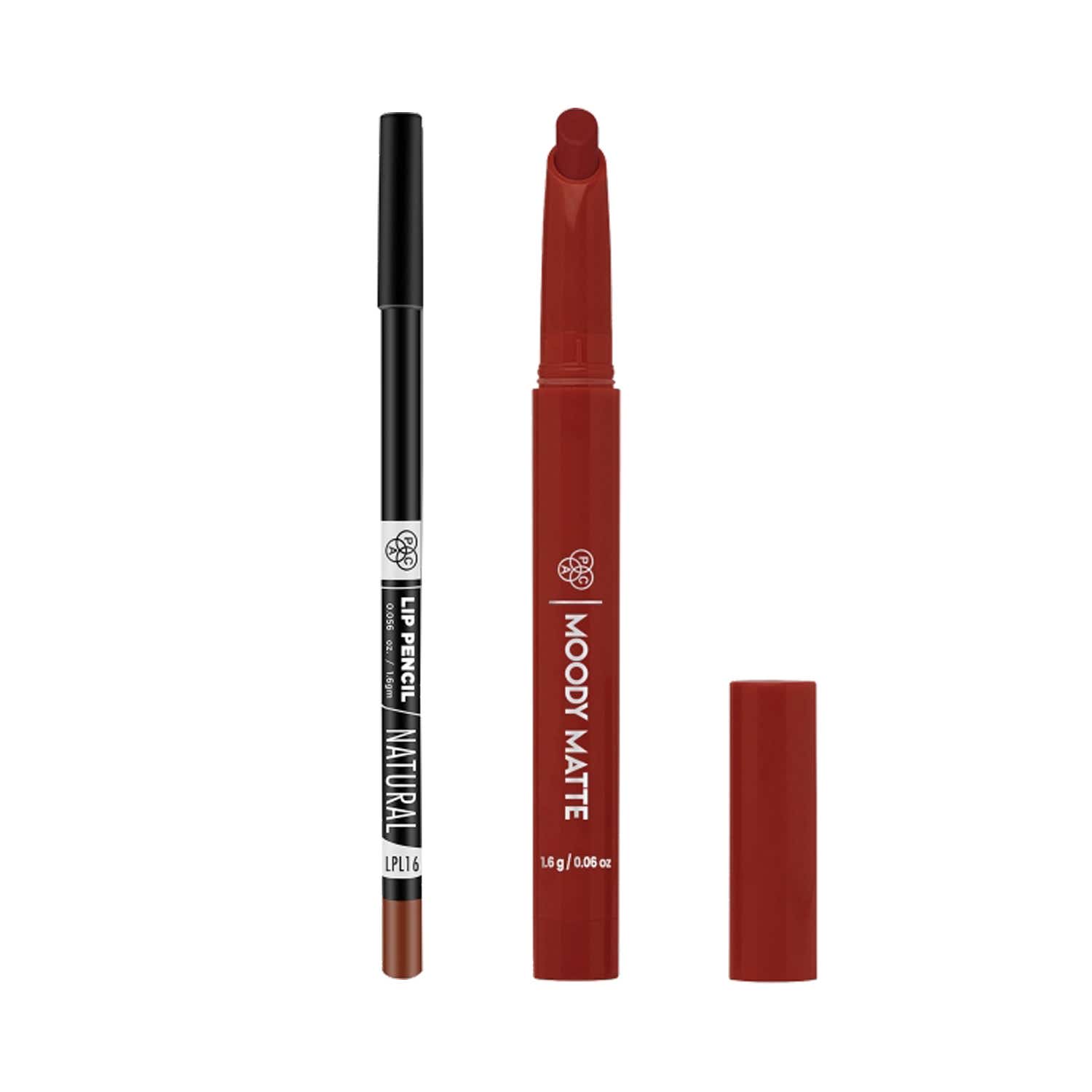 PAC Moody Matte Lipstick - Devils Delight & Lip Pencil 16 Natural Combo