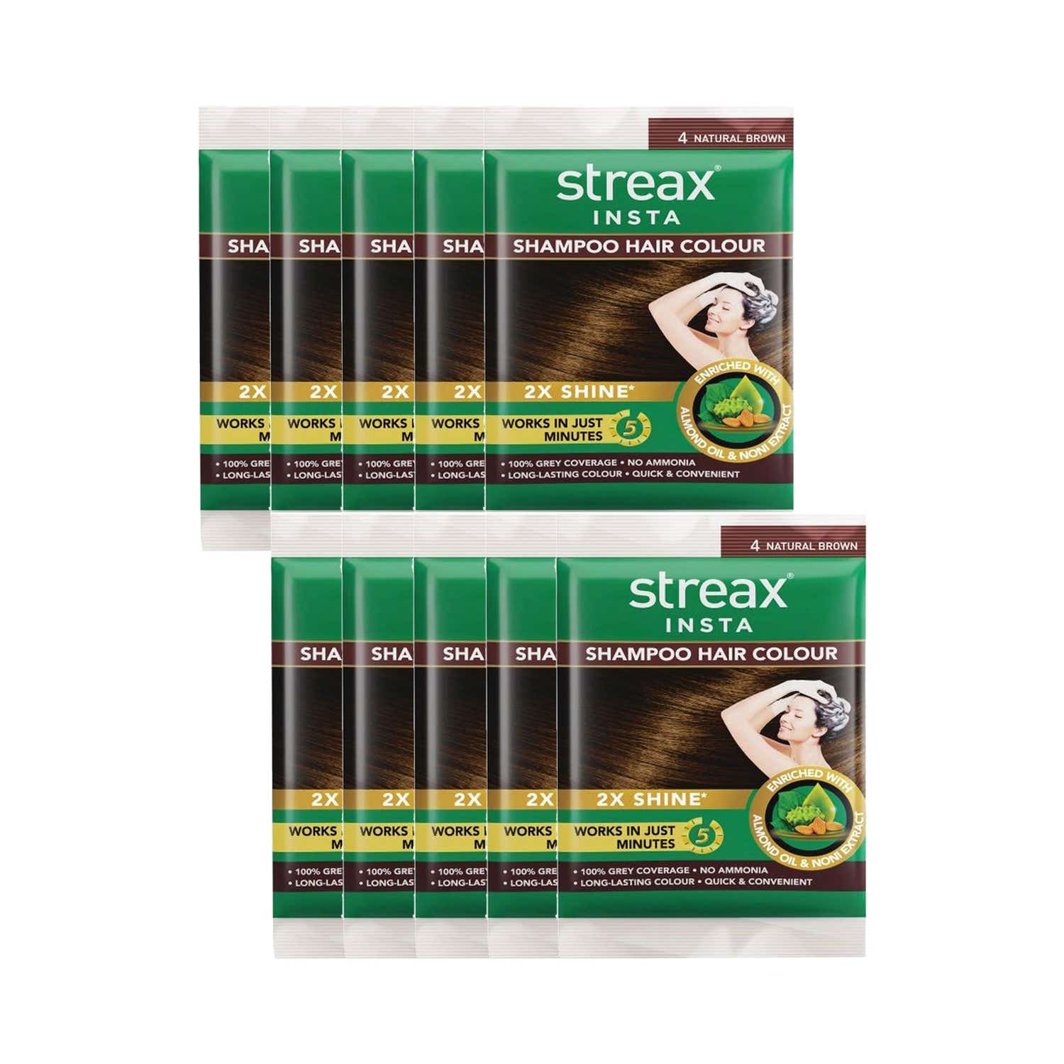 Streax Insta Shampoo Hair Colour - Natural Brown (18ml) (Pack of 10) Combo