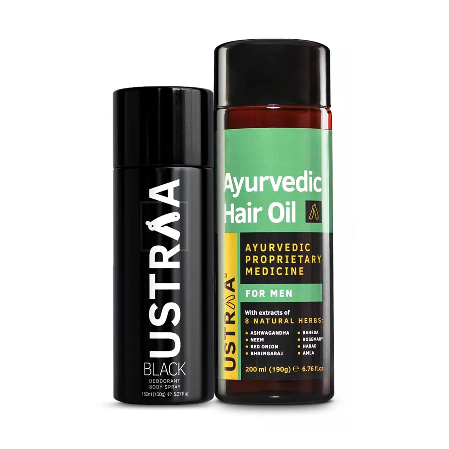 Ustraa Black Deodorant 150ml & Ayurvedic Hair Oil 200ml - (2 Pcs)
