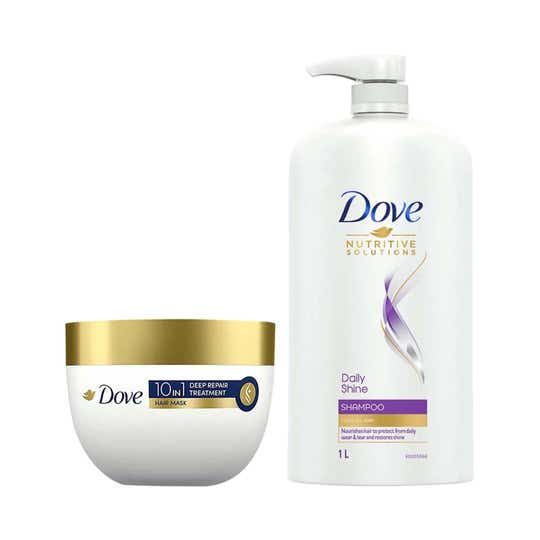 Dove Daily Shine Shampoo (1000 ml) + 10 In 1 Deep Repair Treatment Hair ...